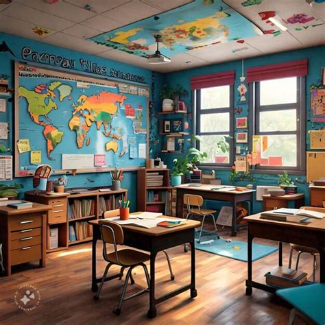 A Classroom With A Mural Of The World On The Wall Premium Ai Generated Image
