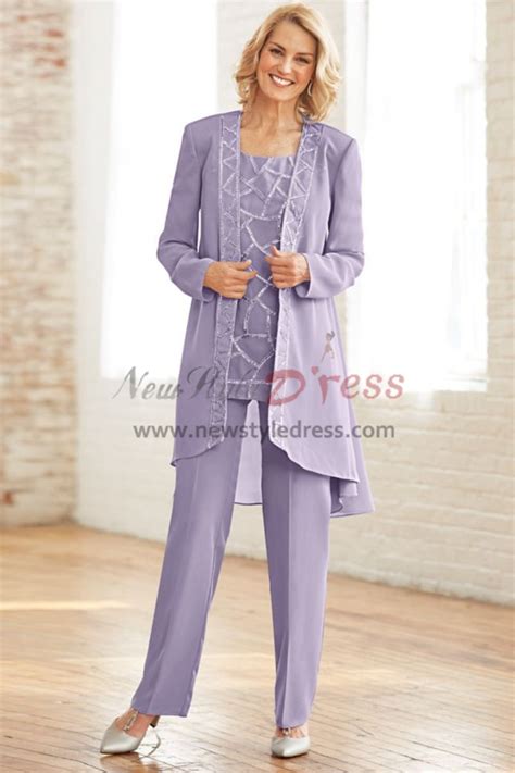 Lavender Chiffon Mother Of The Bride Pant Suit Dress With Sequins Elastic Waist Trouser Plus