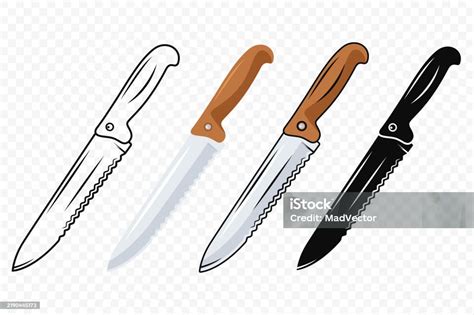 벡터 부엌 칼 아이콘 세트입니다 톱니 모양의 칼을 가진 빵 칼 부엌 칼 디자인 템플릿 윤곽선 컬러 실루엣 나이프 벡터 일러스트 레이 션 가장자리에 대한 스톡 벡터 아트 및