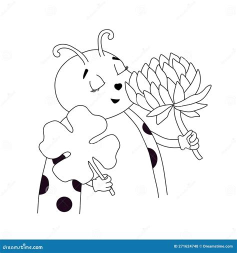 Outline Of Happy Ladybug With Clover Leaf Sniffs Clover Flower Vector Illustration