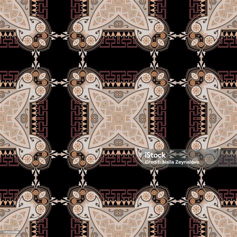 부족 민족 그리스 스타일 원활한 패턴 벡터 다채로운 기하학적 배경 타탄 격자 무늬 반복 배경 그리스 키 구단 모양 사각형 프레임 테두리 꽃과 우아한 장식 0명에 대한 스톡