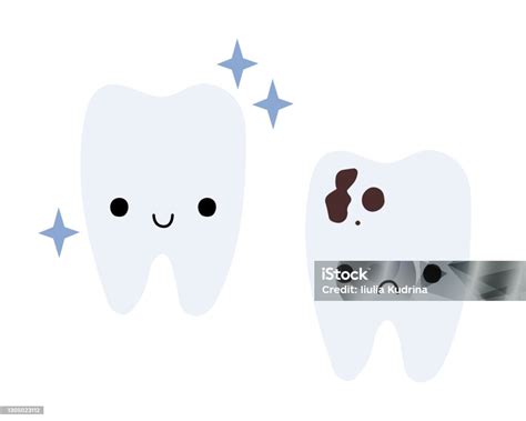 귀여운 치아 캐릭터 슬픈 얼굴과 함께 미소와 치아와 건강한 치아 가와이이 치아 플라크 박테리아 구강 관리 치과 캐비티 치아 위생