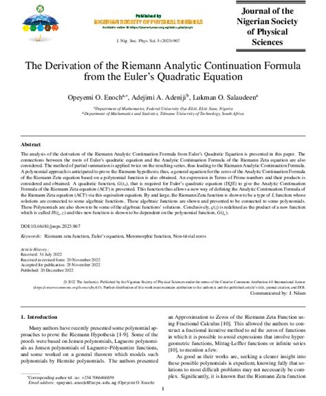 Pdf The Derivation Of The Riemann Analytic Continuation Formula From The Eulers Quadratic