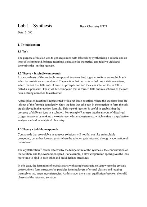 General Chemistry Laboration 1 Synthesis Lab 1 Synthesis Basic Chemistry HT Date 210901