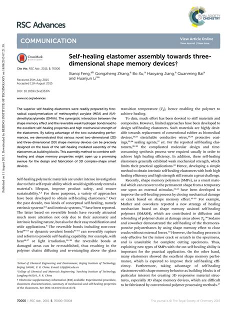 Pdf Self Healing Elastomers Assembly Towards Three Dimensional Shape