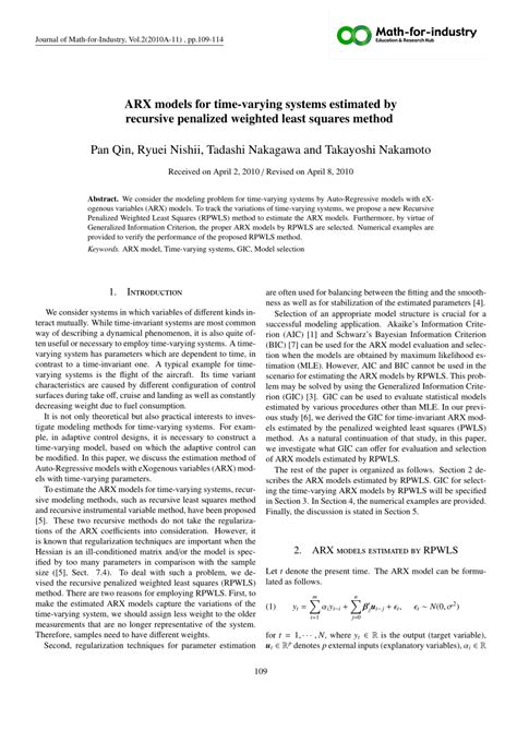 Pdf Arx Models For Time Varying Systems Estimated By Recursive Penalized Weighted Least