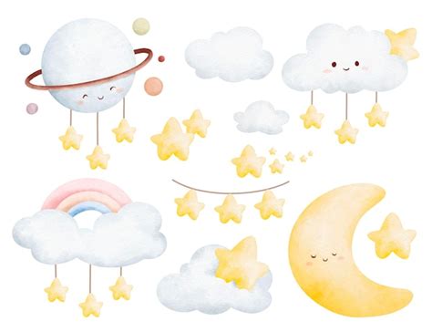 보육 요소의 수채화 그림 세트 프리미엄 벡터