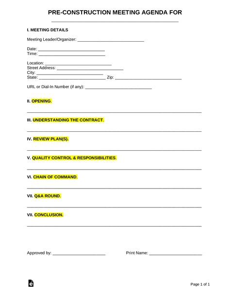 Free Pre Construction Meeting Agenda Template Sample Pdf Word Eforms