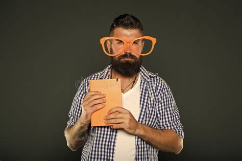 Geek Is Chic Study Nerd Holding Book University Male Babe With Lecture Notes Stock Photo