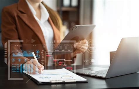 Business Woman Hand Project Manager Working And Update Tasks And Gantt Chart Scheduling Virtual