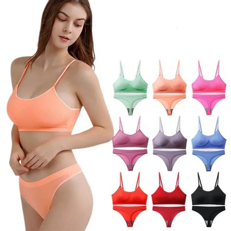 원활한 브래지어 세트 섹시한 끈 낮은 허리 팬티 여성 속옷 와이어 무료 브래지어 편안한 Bralette 브래지어 캔디 색상