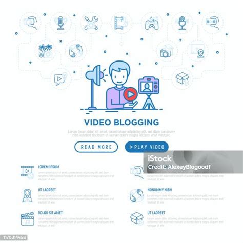 비디오 블로깅 웹 페이지 템플릿 블로거는 삼각대에 카메라와 조명을 사용하여 비디오를 촬영합니다 현대 벡터 그림입니다 Live