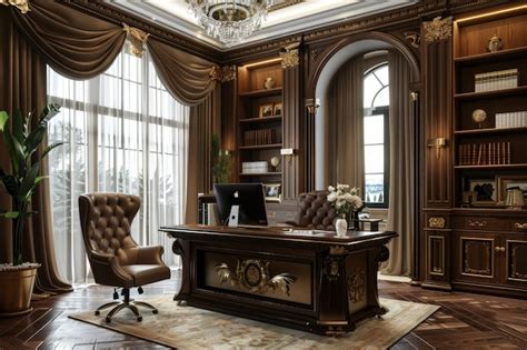 Classical Office Workspace Interior Premium Ai Generated Image