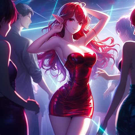 클럽에서 춤추는 엘프빨간색 튜브탑 드레스