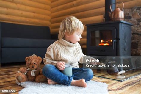 작은 멋진 나무 오두막에서 귀여운 유아 아이 책을 읽고 차를 마시는 벽난로에 대한 스톡 사진 및 기타 이미지 벽난로 오두막 가족 Istock