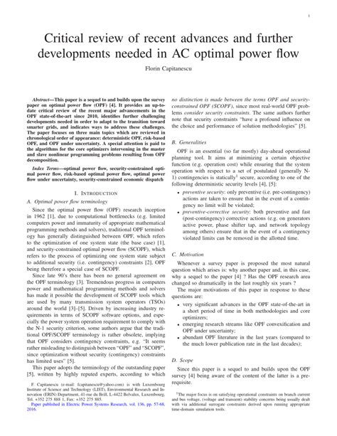 PDF Critical Review Of Recent Advances And Further Developments Needed In AC Optimal Power Flow