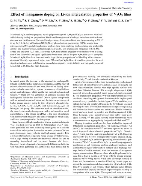Pdf Effect Of Manganese Doping On Li Ion Intercalation Properties Of V2o5 Films