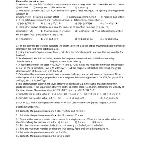 Solved Choose The Correct Answer 1 When An Electron Falls