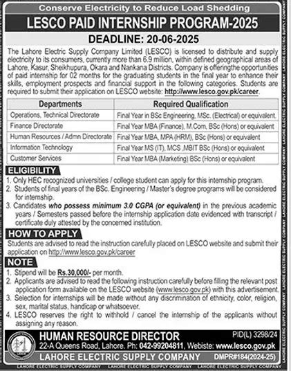 Lesco Internship Program 2025 Online Apply Job Observer