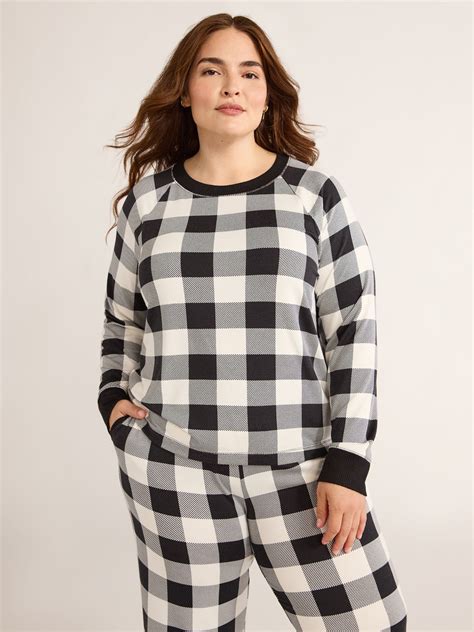 Joyspun Womens Hacci Knit Plaid Sleep Top Long Sleeve Sparkle Pajamas