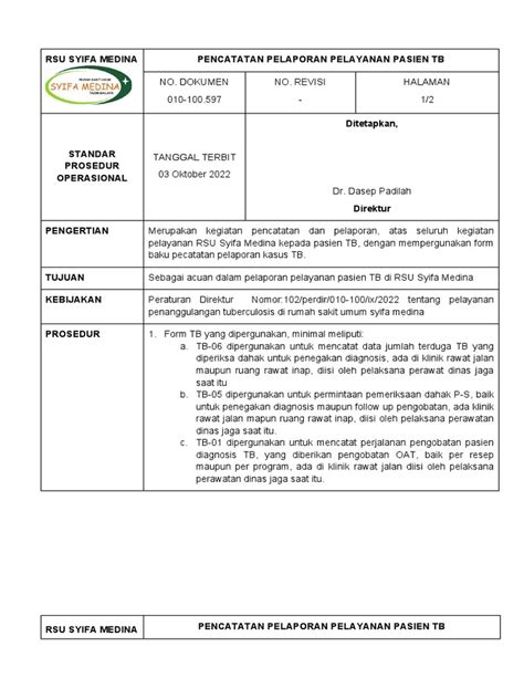 Spo Pencatatan Pelaporan Pelayanan Pasien Tb Rsu Syifa Medina Pdf