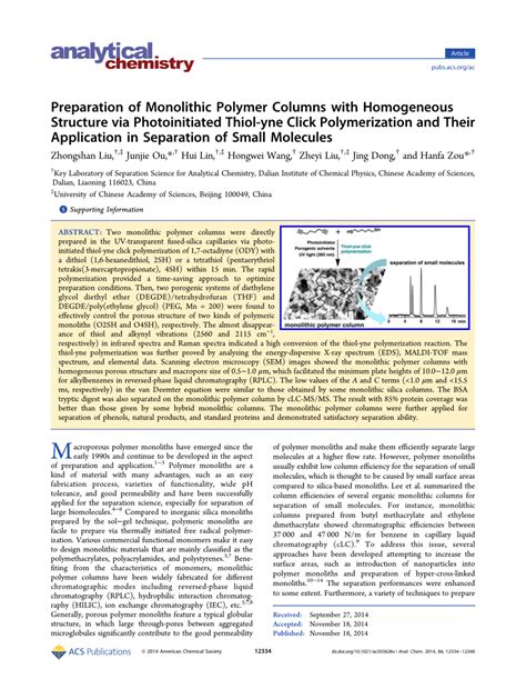Pdf Preparation Of Monolithic Polymer Columns With Homogeneous Structure Via Photoinitiated