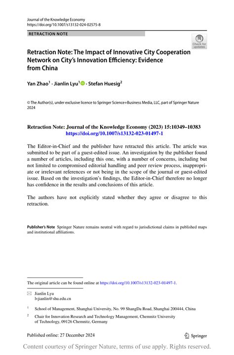 Retraction Note The Impact Of Innovative City Cooperation Network On Citys Innovation
