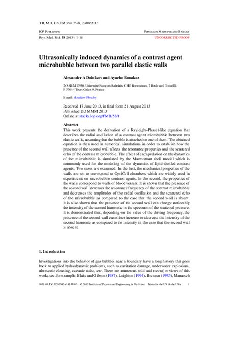 Pdf Ultrasonically Induced Dynamics Of A Contrast Agent Microbubble Between Two Parallel