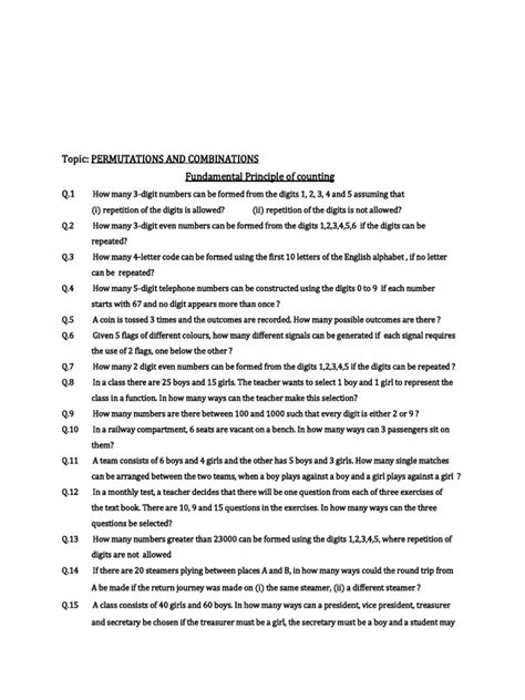 Permutations Combinations Class Xi Worksheet 1 Pdf Permutation
