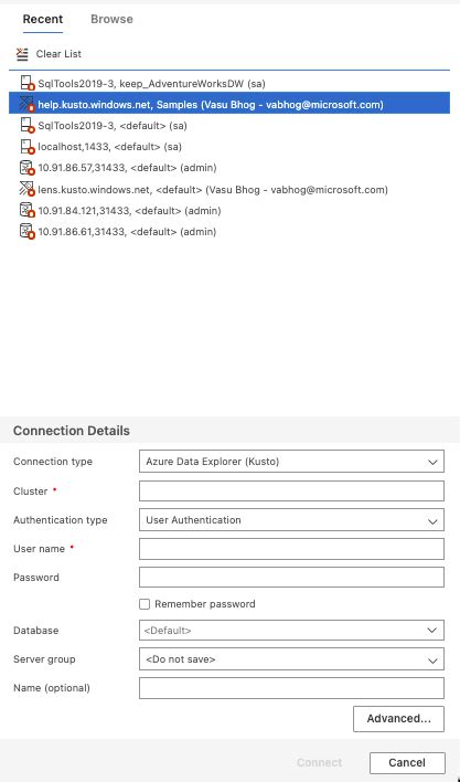 Kusto Recent Or Saved Connection Does Not Get Auto Populated In Connection Details · Issue