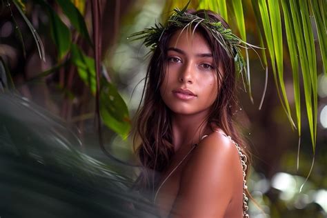 Premium Photo A Woman With A Palm Tree In The Background