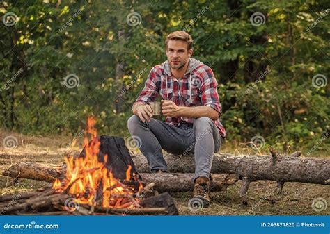 Man Relaxing In Park Hiking Adventure Picnic In Tourism Camp Drink