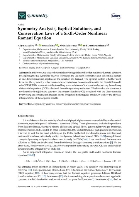 Pdf Symmetry Analysis Explicit Solutions And Conservation Laws Of A Sixth Order Nonlinear