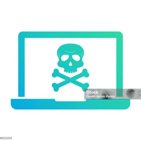 바이러스 경고 아이콘입니다 바이러스가있는 노트북 두개골이 있는 사이버 공격 경고 아이콘 피싱 사기 개념 해커 공격 피싱 및 사기 벡터 일러스트레이션 Brand Name