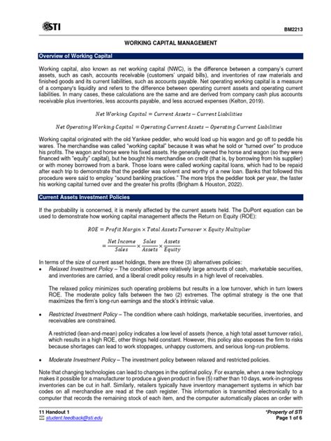11 Handout 1 Pdf Working Capital Equity Finance