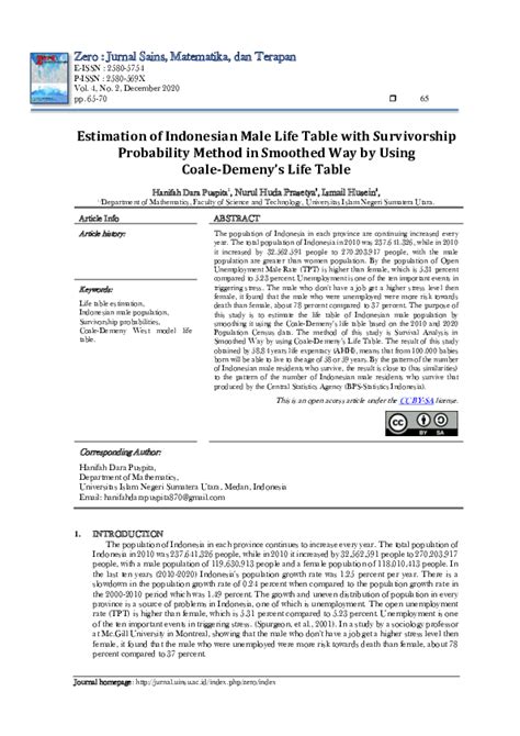 Pdf Estimation Of Indonesian Male Life Table With Survivorship