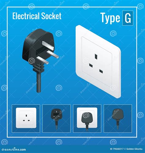 Isometric Switches And Sockets Set Type G Ac Power Sockets Realistic Illustration Stock Vector
