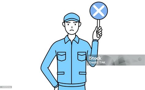 모자와 작업복을 입은 남자가 오답을 나타내는 X가 적힌 플래카드를 들고 있다 건설 산업에 대한 스톡 벡터 아트 및 기타 이미지 건설 산업 게임쇼 호스트 고용과 노동
