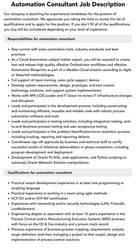 Automation Consultant Job Description Velvet Jobs