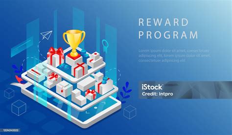아이소메트릭 리워드 프로그램 및 캐쉬백 개념 웹 사이트 방문 페이지 보상 프로그램 응용 프로그램 선물 상자 구매 및 상단에 골드 컵 큰 스마트 폰과 태블릿 웹 페이지 3d