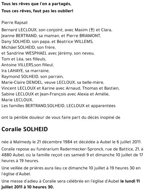 Avis De Décès De Coralie Solheid Décédé Le 06 07 2011 à Aubel Annonce Condoléances Fleurs