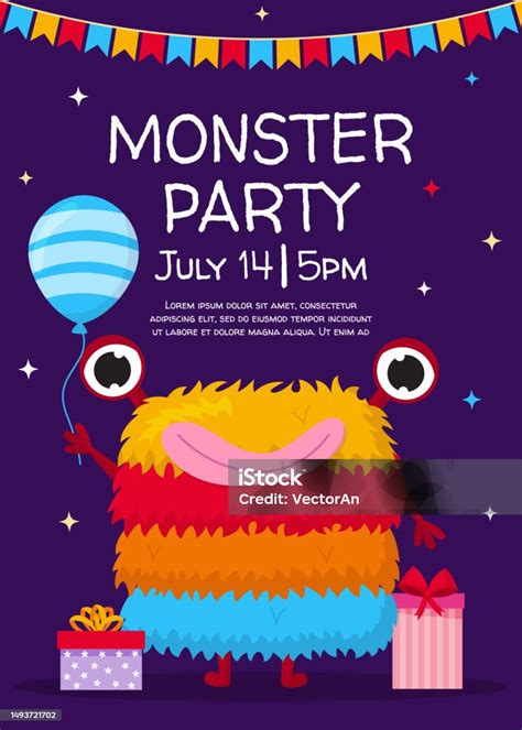 벡터 몬스터 파티 생일 축하 포스터 템플릿입니다 재미있는 외계인 괴물은 장식 선물을 축하하고 보라색 배경에 풍선을 들고 있다 A4 배경 전단지 브로셔 이벤트 엽서 A4