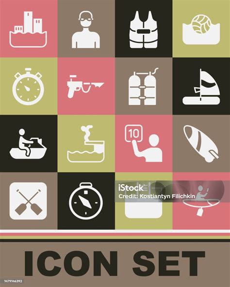 카약과 패들 서핑 보드 윈드 서핑 구명 조끼 낚시 작살 스톱워치 우승자 연단 및 Aqualung 아이콘을 설정하십시오 벡터 개체 그룹에 대한 스톡 벡터 아트 및 기타 이미지