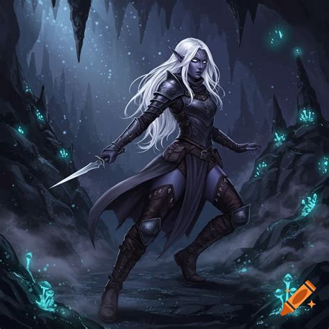 A Female Drow Rogue With Long White Hair Dark Skin And Black Armor