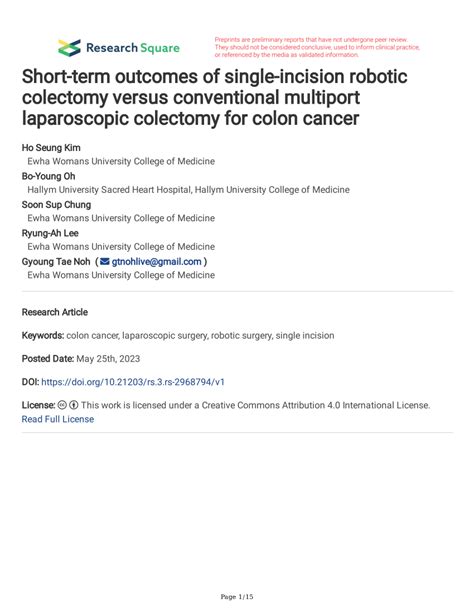 Pdf Short Term Outcomes Of Single Incision Robotic Colectomy Versus Conventional Multiport