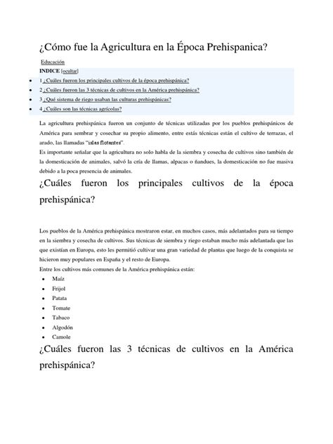 Cómo Fue La Agricultura En La Época Prehispanica Pdf Agricultura