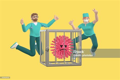 기쁨을 위해 점프 행복 한 젊은 의사 바이러스를 물리 치고 케이지에 갇혀 사스 분자 재미 와 무서운 만화 캐릭터 질병 전염병 독감 코로나 바이러스 노란색 배경을 중지합니다