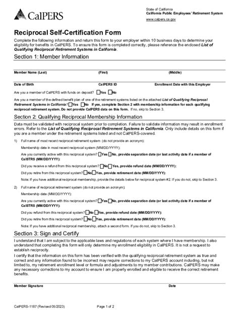 Fillable Online Member Reciprocal Self Certification Form Calpers 1187