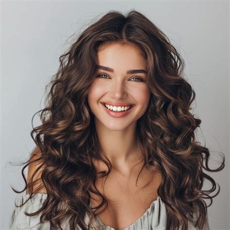 Beautiful Brunette Model Girl With Long Curly Hair Premium Ai