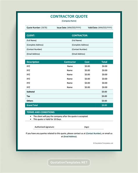 Contractor Quote Template Aqu Quote Templates